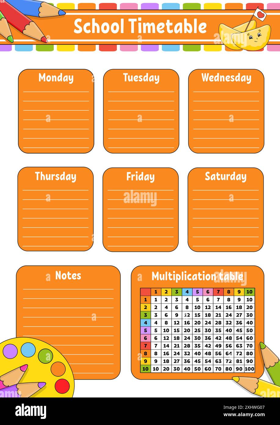 School timetable with multiplication table. For the education of ...