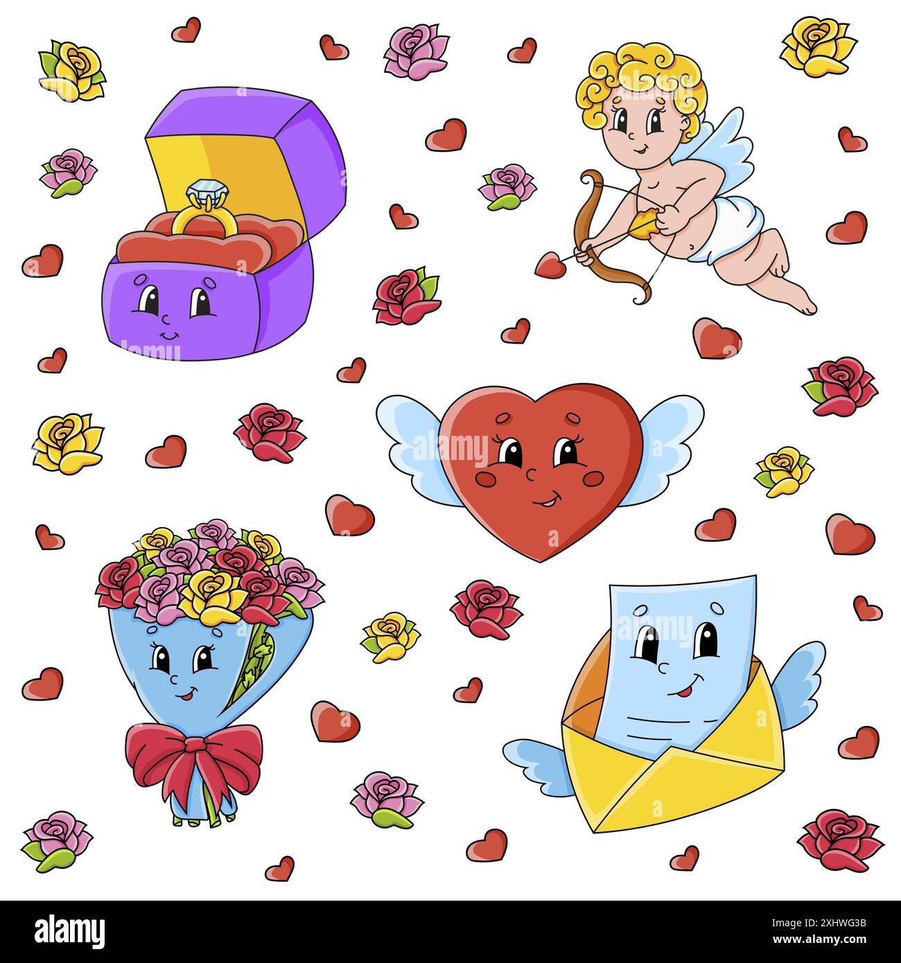 Set of cute cartoon characters. Valentine's Day clipart. Hand drawn ...