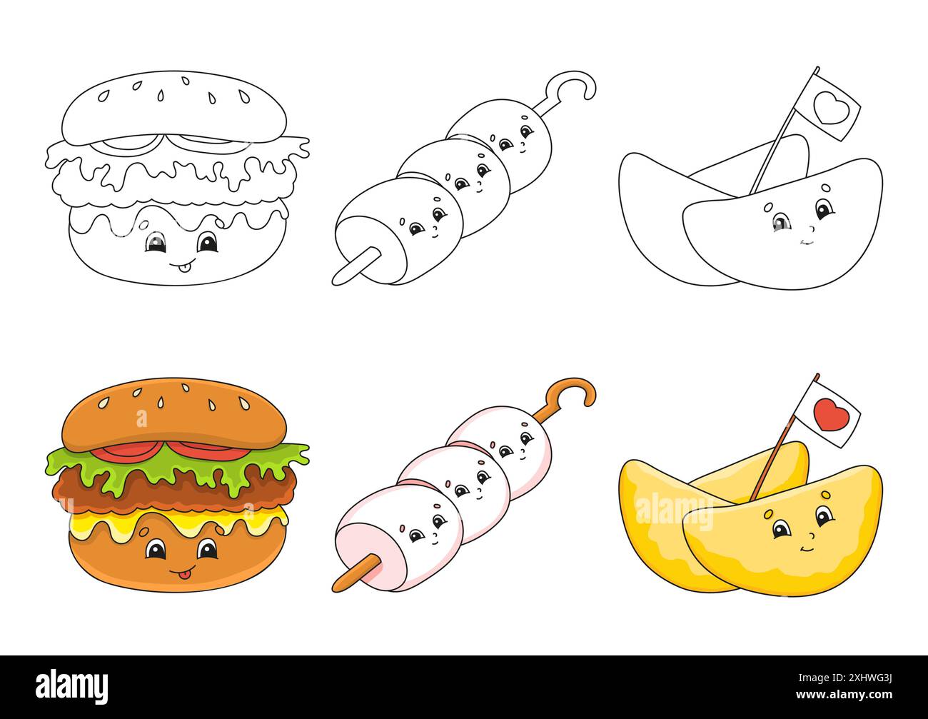 Set coloring page for kids. Cute cartoon characters. Black stroke. With ...