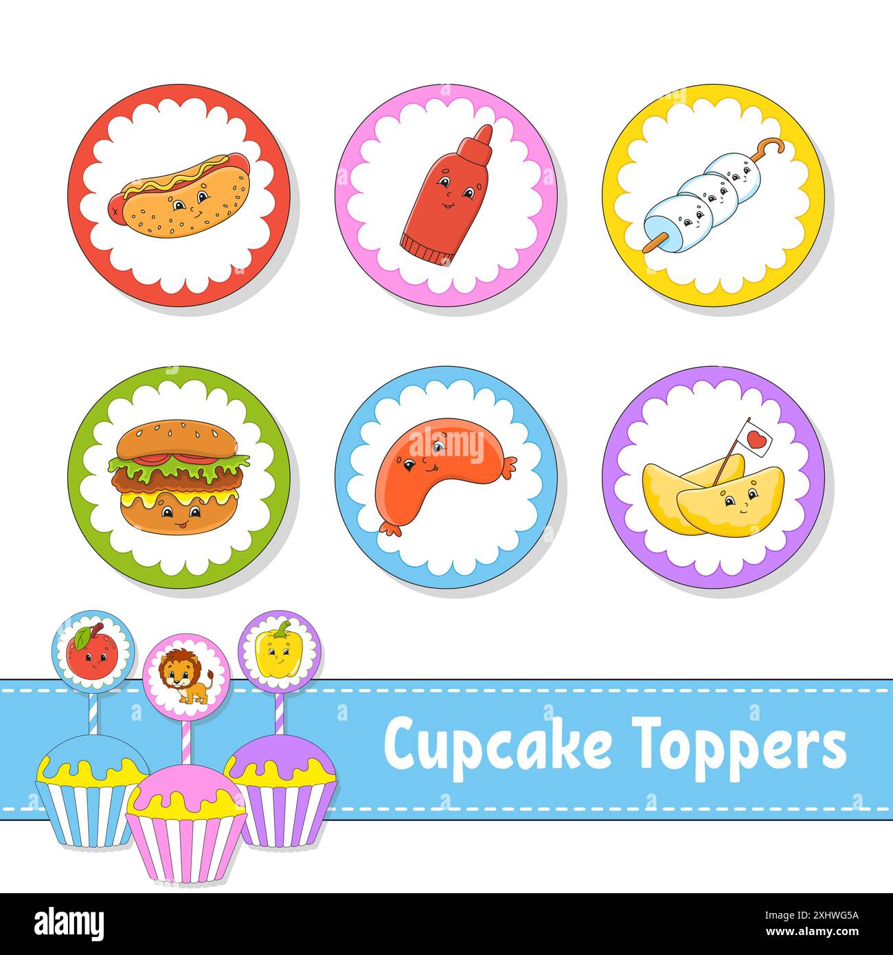 Cupcake Toppers. Set of six round pictures. Barbecue theme. cartoon ...