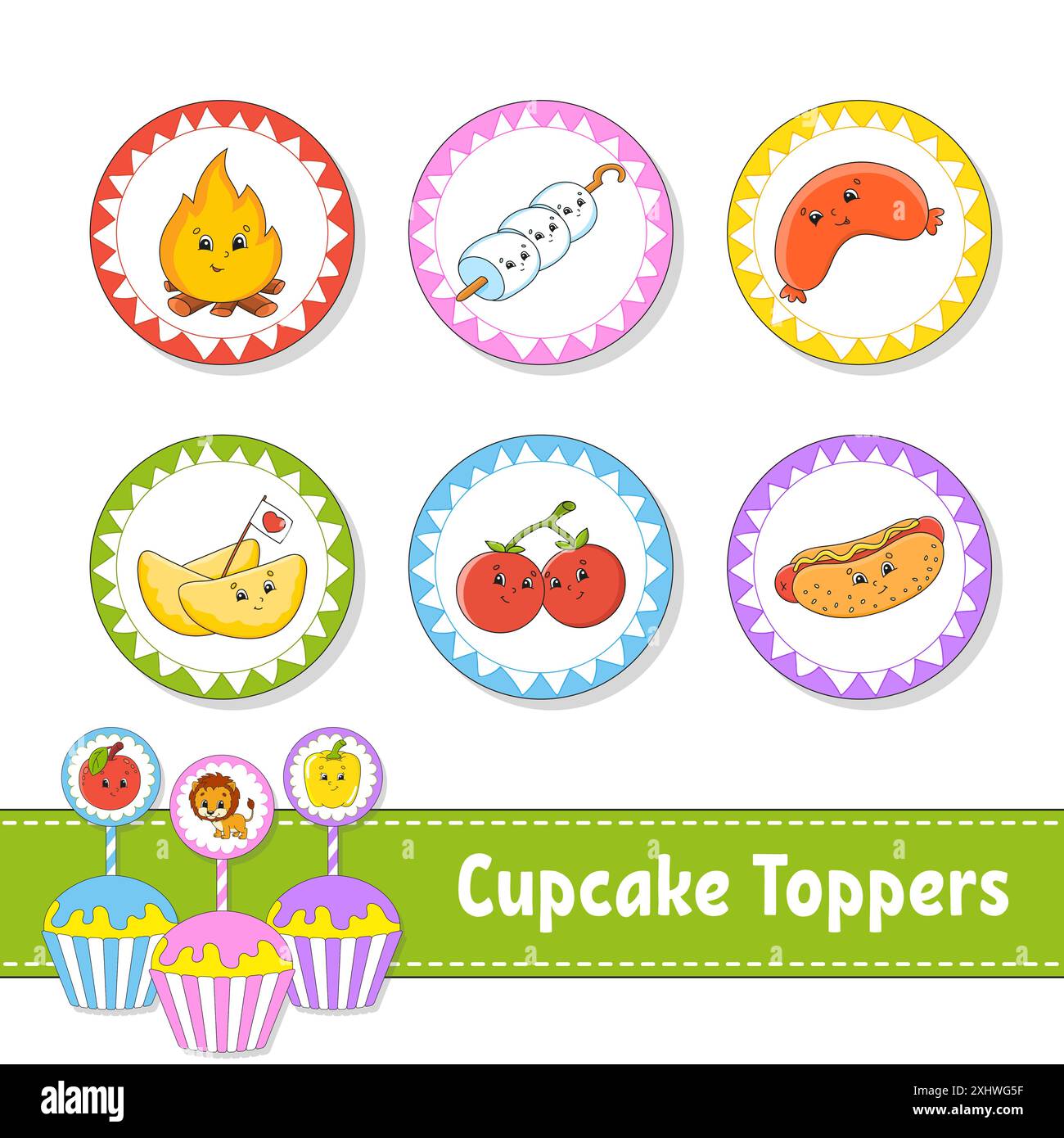 Cupcake Toppers. Set of six round pictures. Barbecue theme. cartoon ...