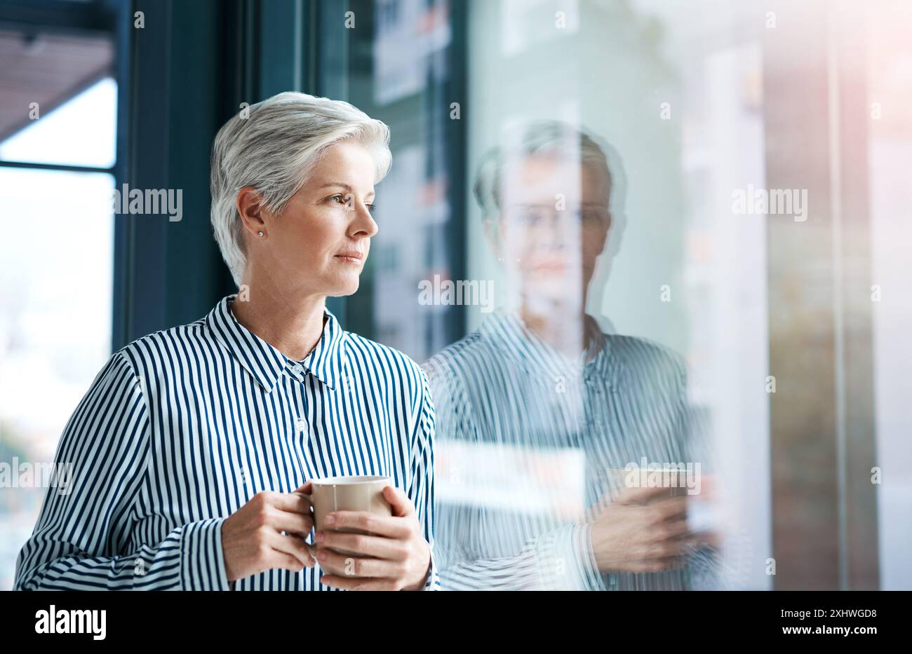 Thinking, idea and business woman by window for problem solving ...