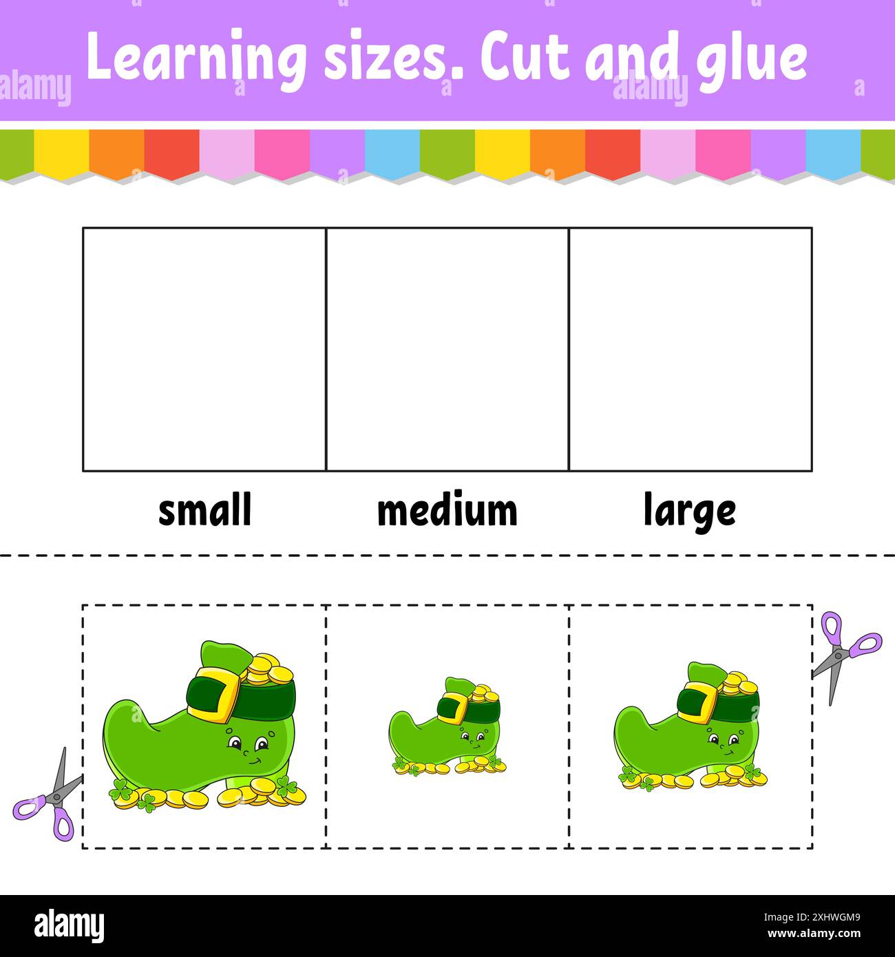 Learning sizes. Cut and glue. Easy level. Color activity worksheet ...