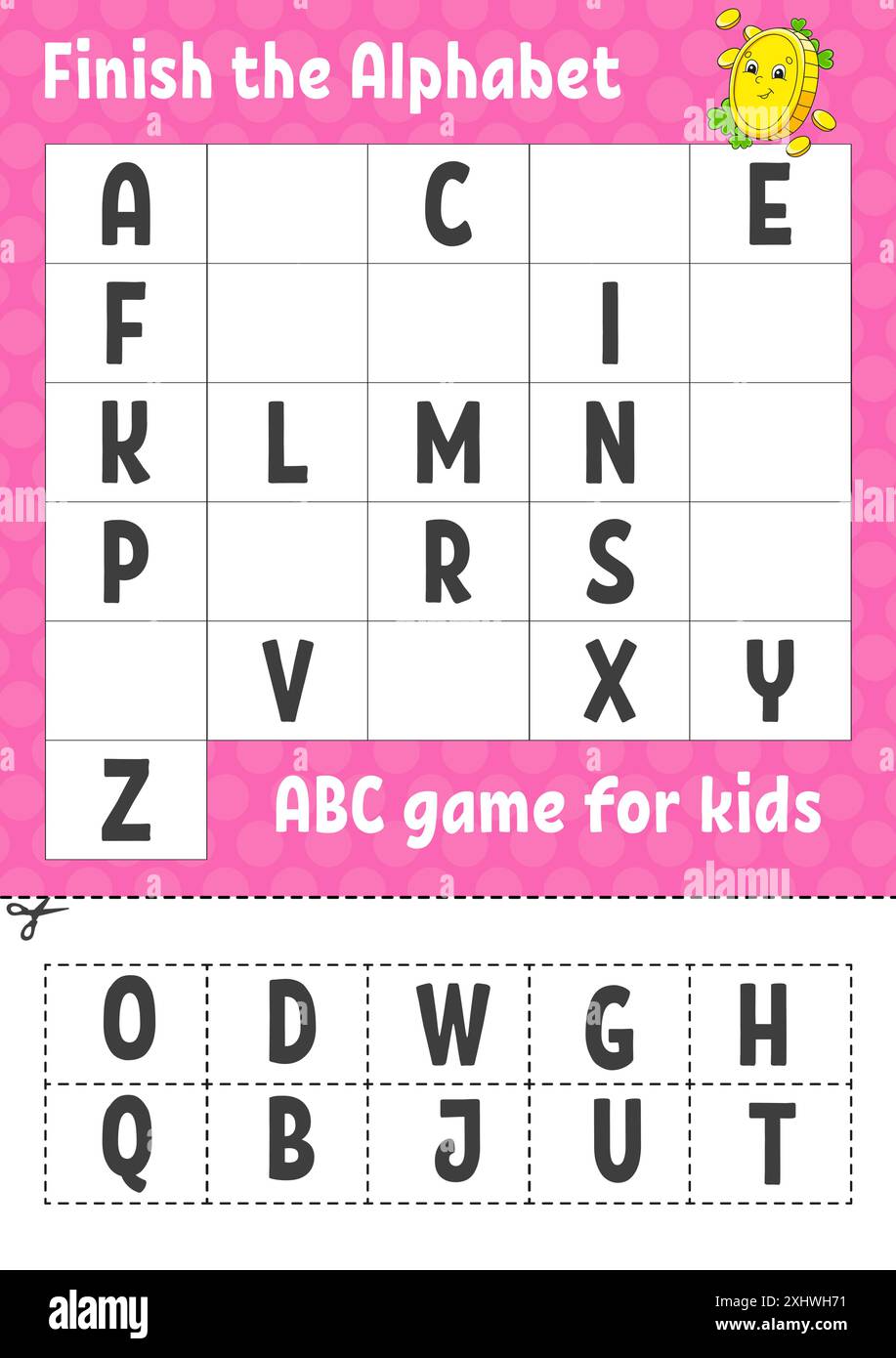 Finish the alphabet. ABC game for kids. Cut and glue. Education developing worksheet. Learning ...