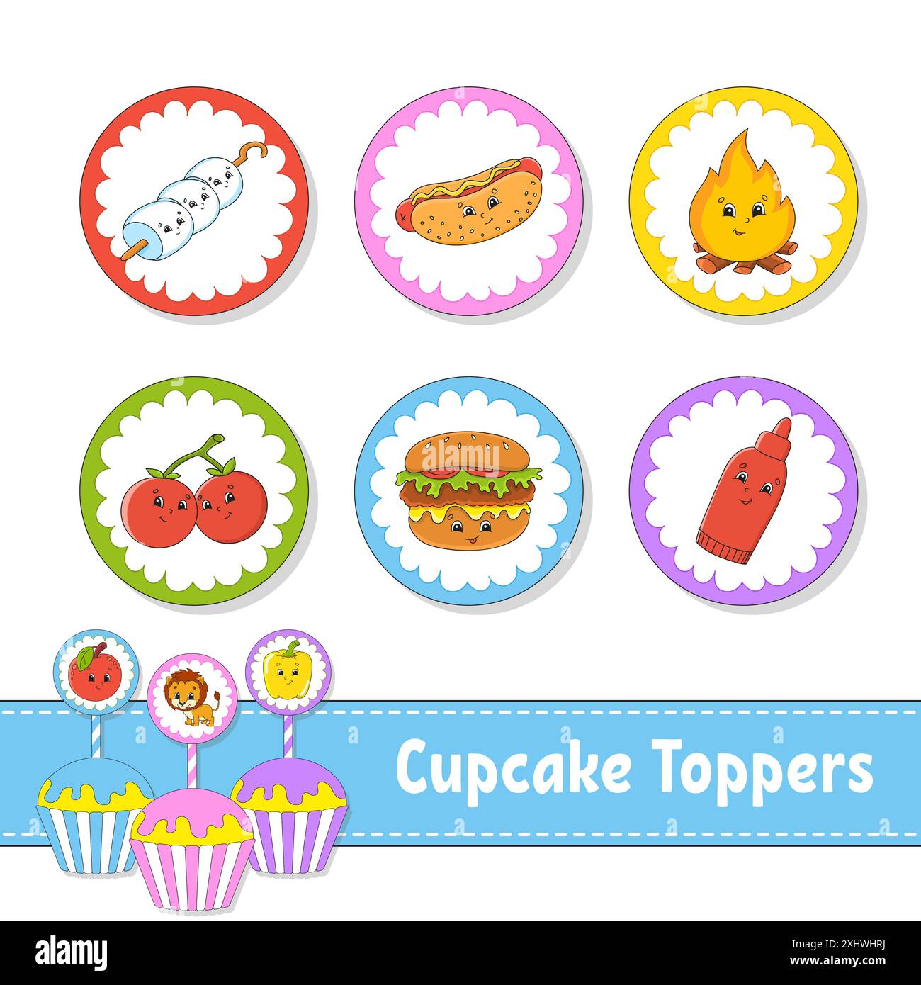 Cupcake Toppers. Set of six round pictures. Barbecue theme. cartoon ...