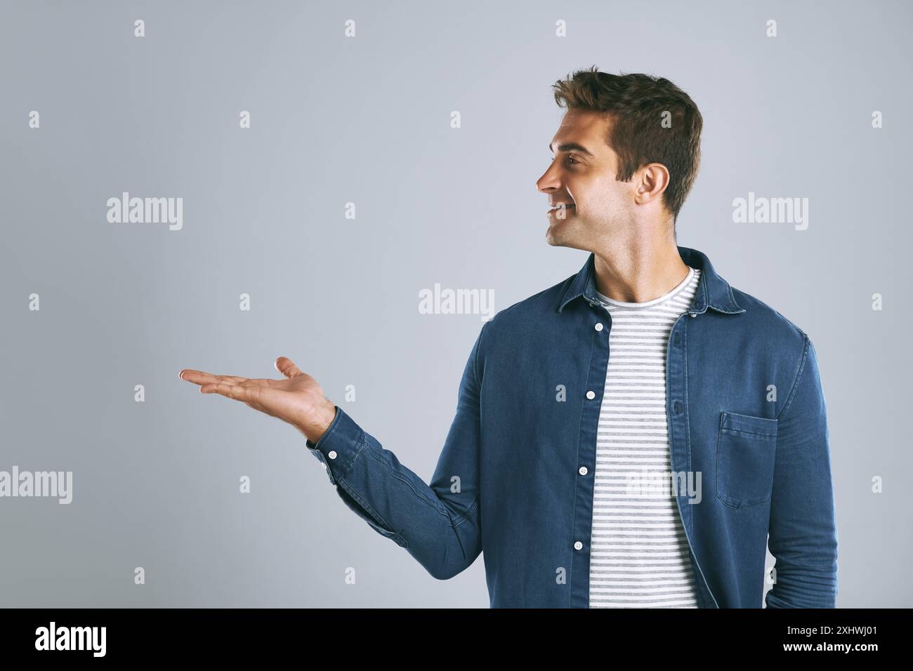 Option, showing and man with announcement, opportunity and model on ...
