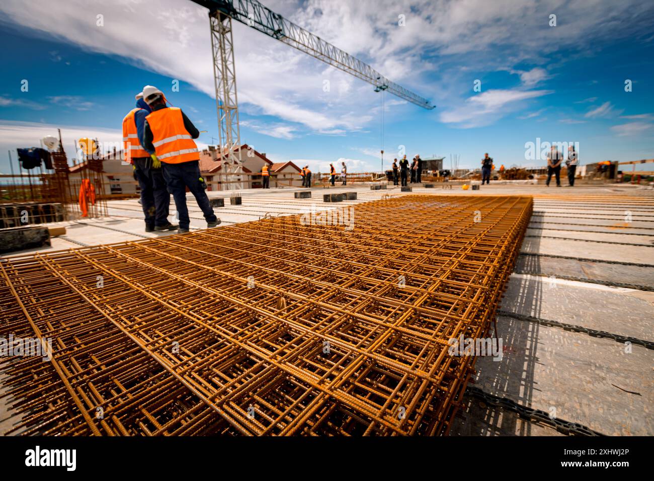 Pile Of Rusty Quadratic Steel Reinforcement Mesh Rebar Grid For Concrete Is Placed At The