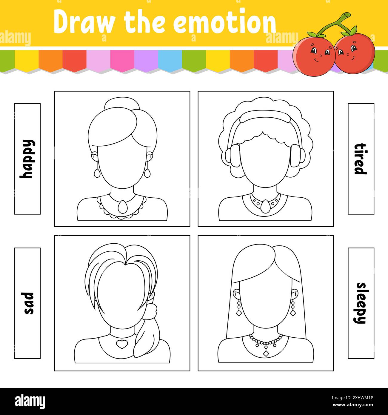 Draw the emotion. Worksheet complete the face. Coloring book for kids ...