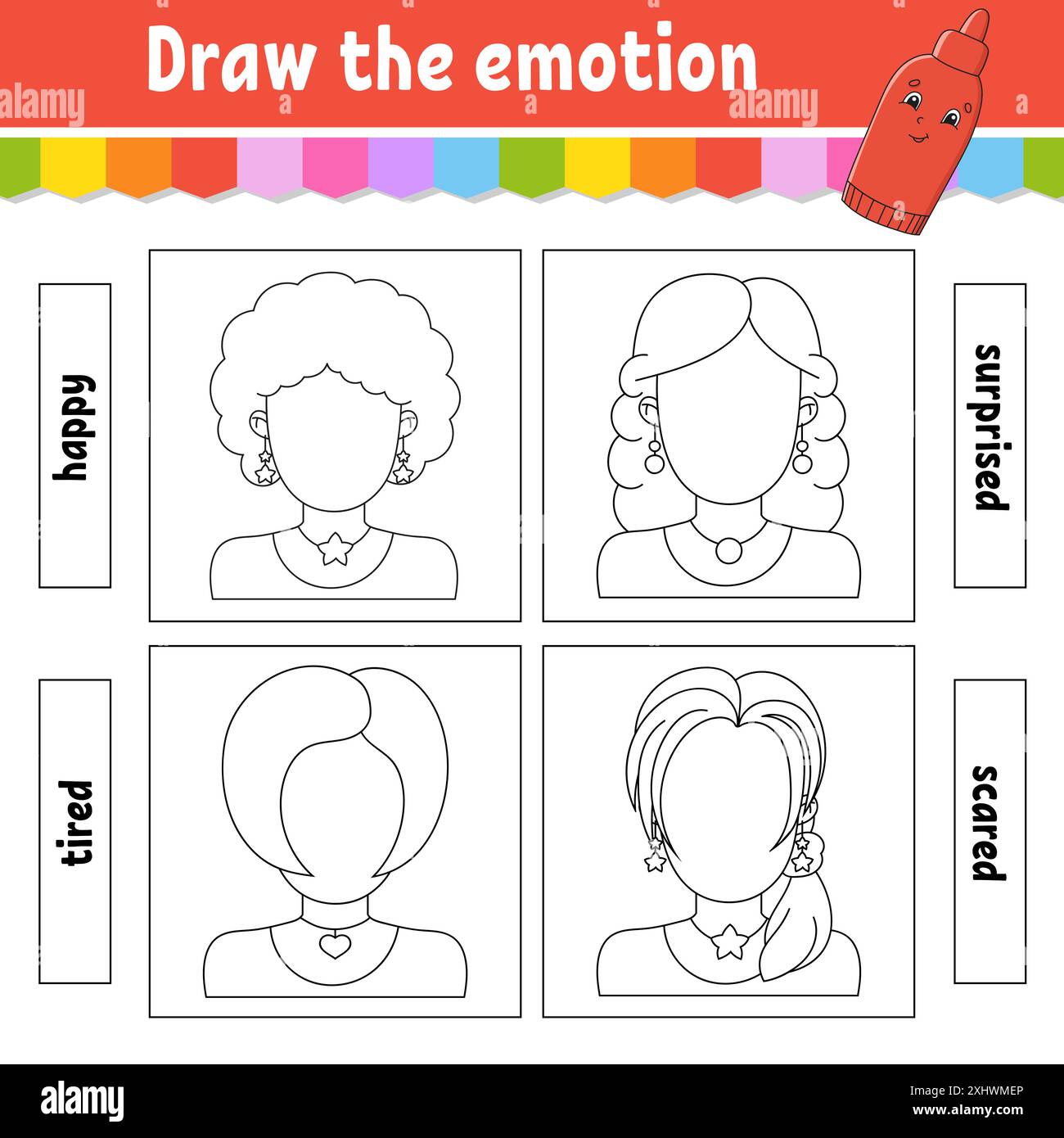 Draw the emotion. Worksheet complete the face. Coloring book for kids ...