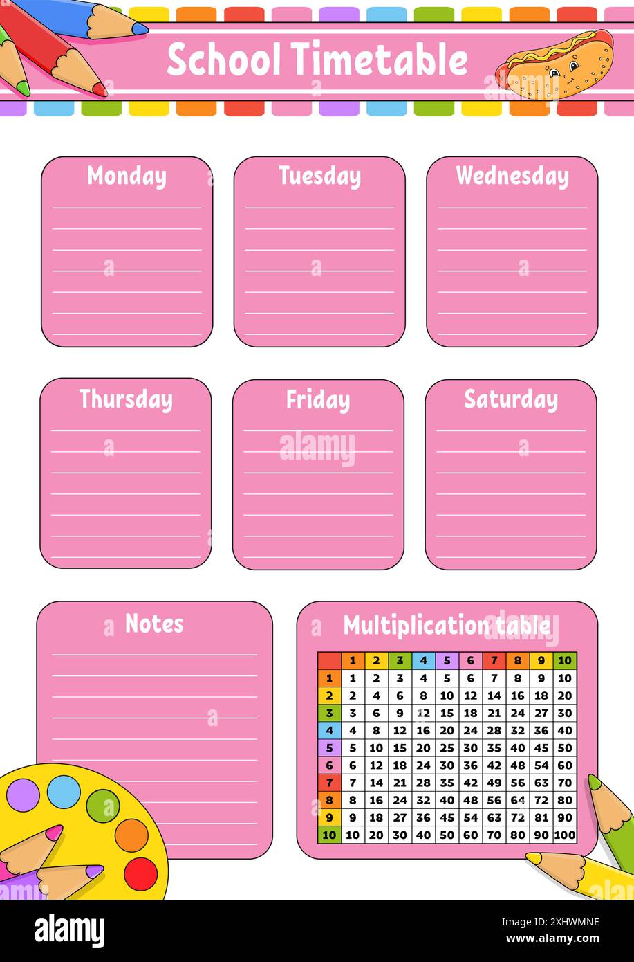 School timetable with multiplication table. For the education of ...