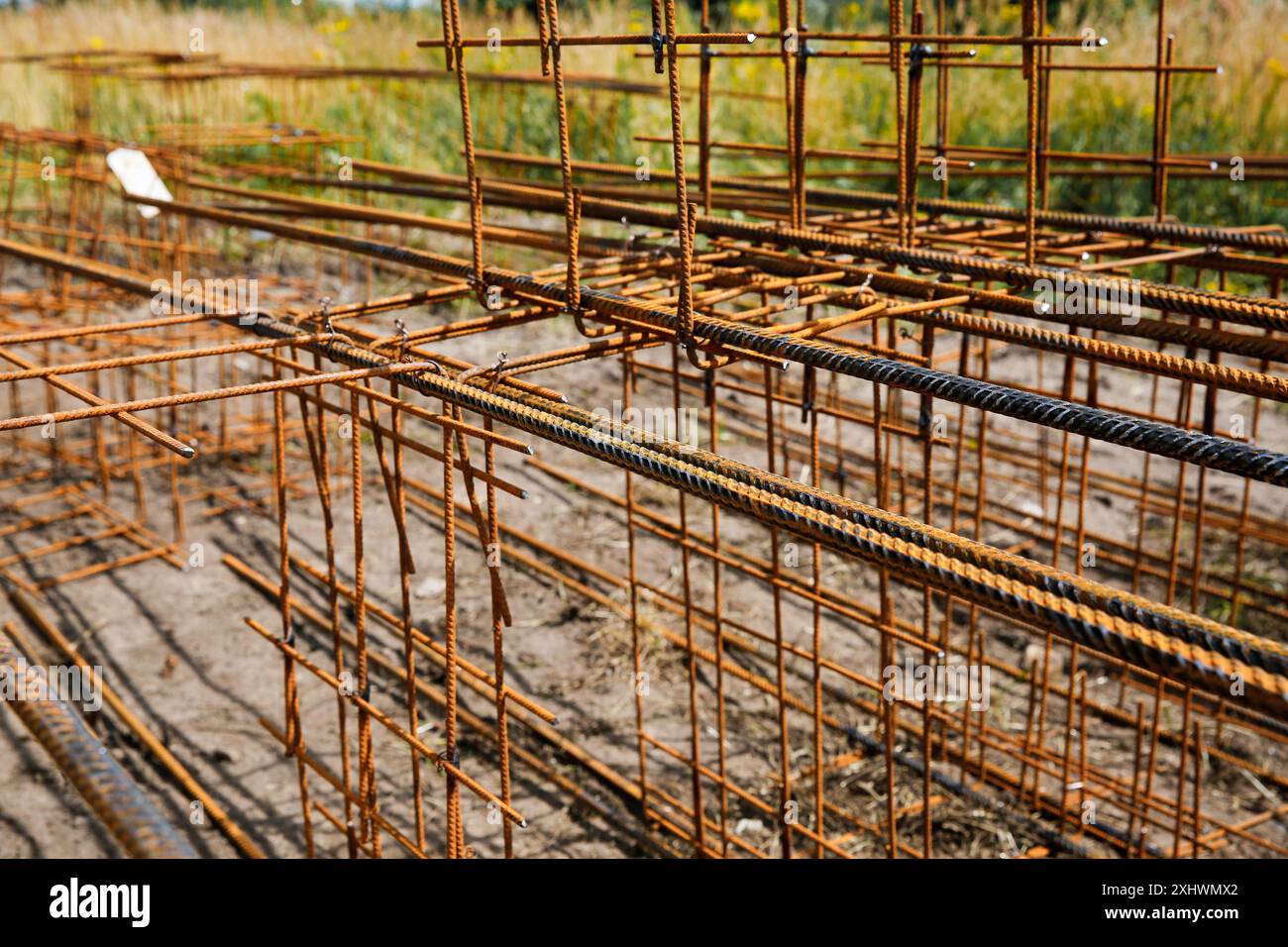 Reinforcing steel mat basket standing on the ground of a construction ...
