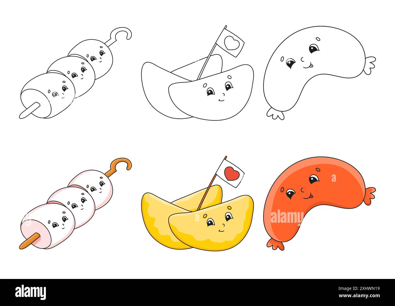 Set coloring page for kids. Cute cartoon characters. Black stroke. With ...