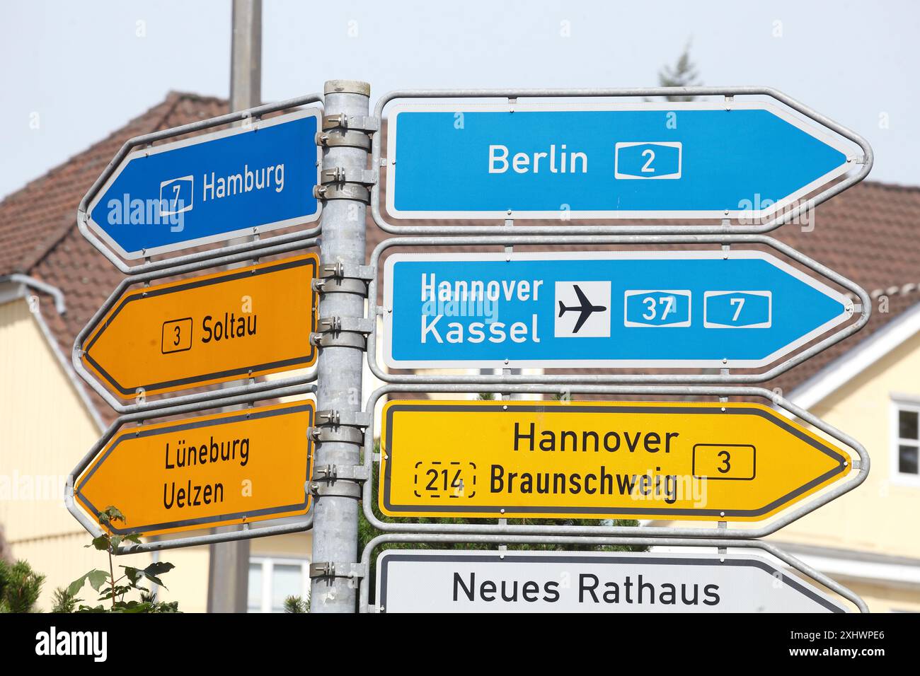 Signposts to the highway and country road, traffic signs, Germany Stock ...