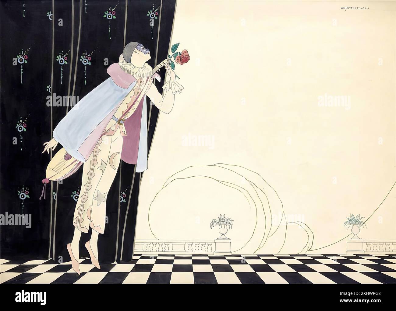 BRUNELLESCHI Umberto Harlequin with rose illustration for Gérard ...