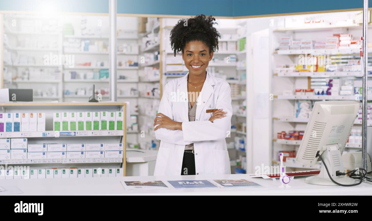 Happy black woman, portrait and pharmacist with confidence at counter ...