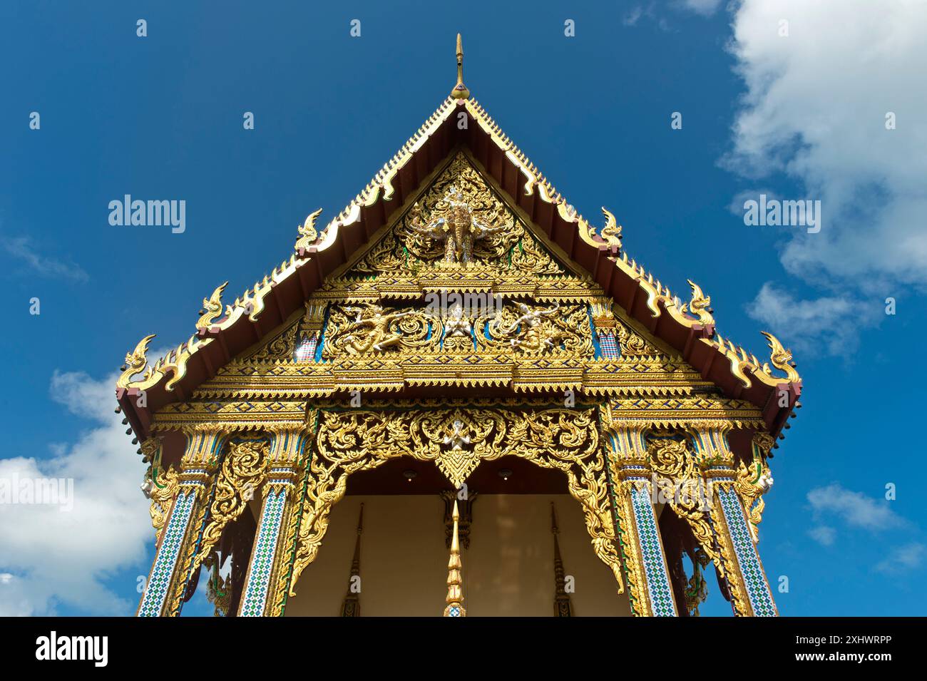 Ornate gable of a prayer hall of the temple Wat Plai Laem, Koh Samui ...