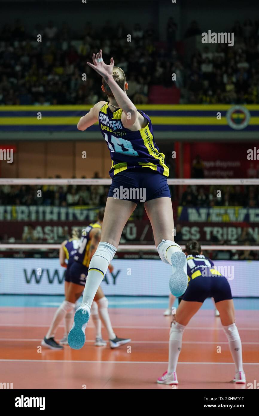 ISTANBUL, TURKIYE - FEBRUARY 28, 2024: Arina Fedorovtseva serves during ...