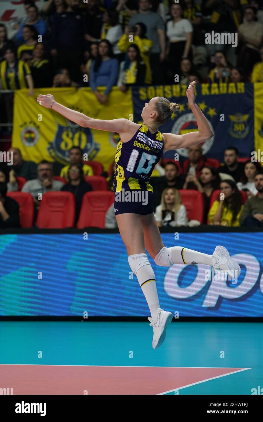 ISTANBUL, TURKIYE - FEBRUARY 28, 2024: Arina Fedorovtseva serves during ...