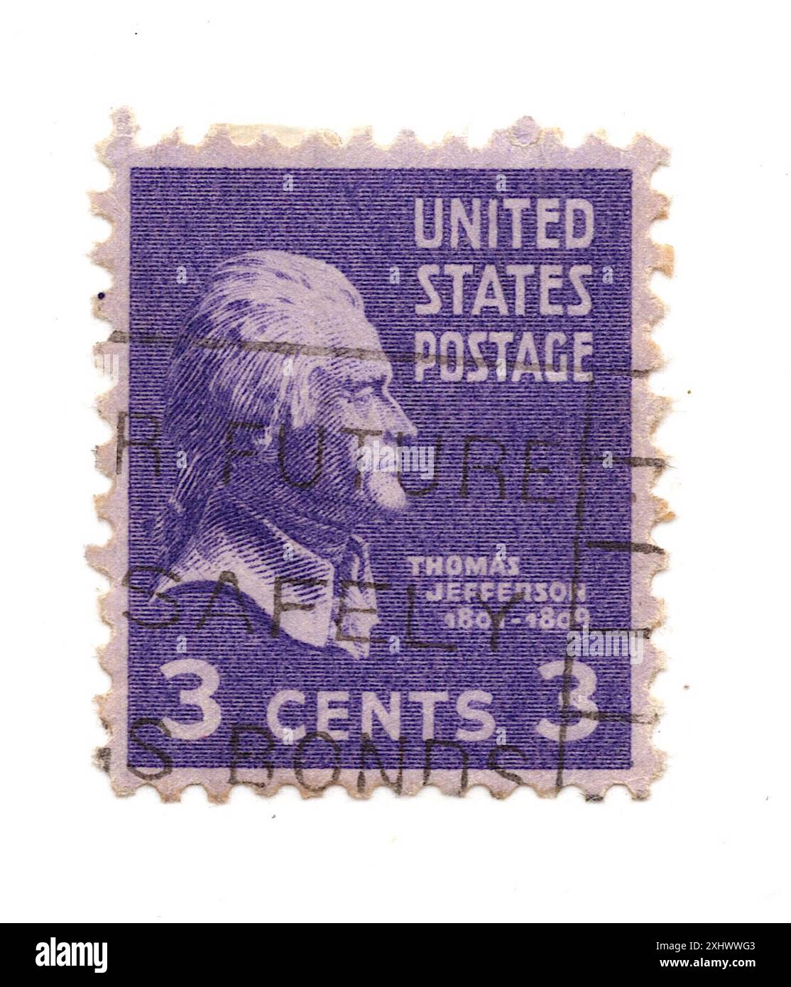 A vintage Thomas Jefferson postage stamp from the USA on a white ...