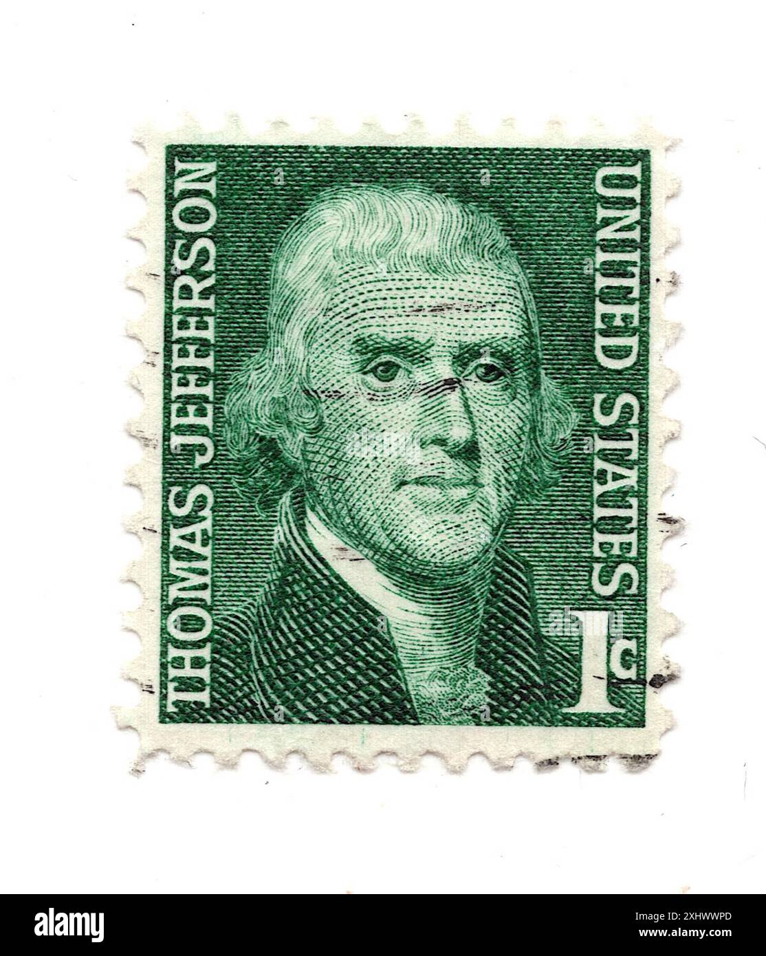 A vintage Thomas Jefferson postage stamp from the USA on a white ...