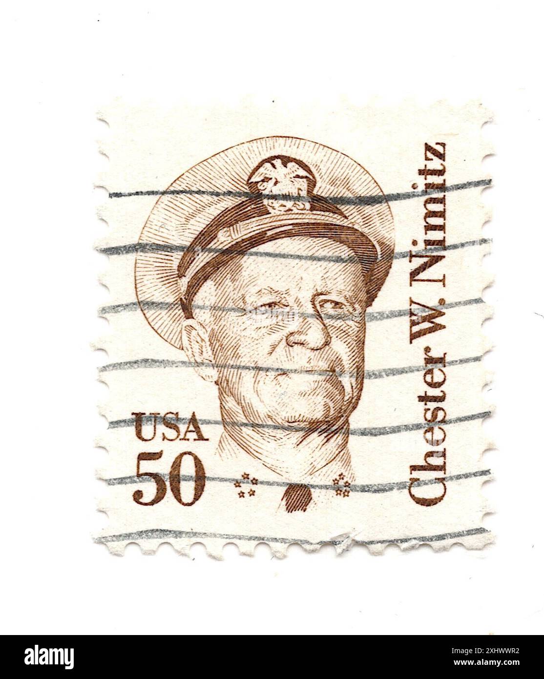 A vintage Chester W. Nimitz postage stamp from the USA on a white ...