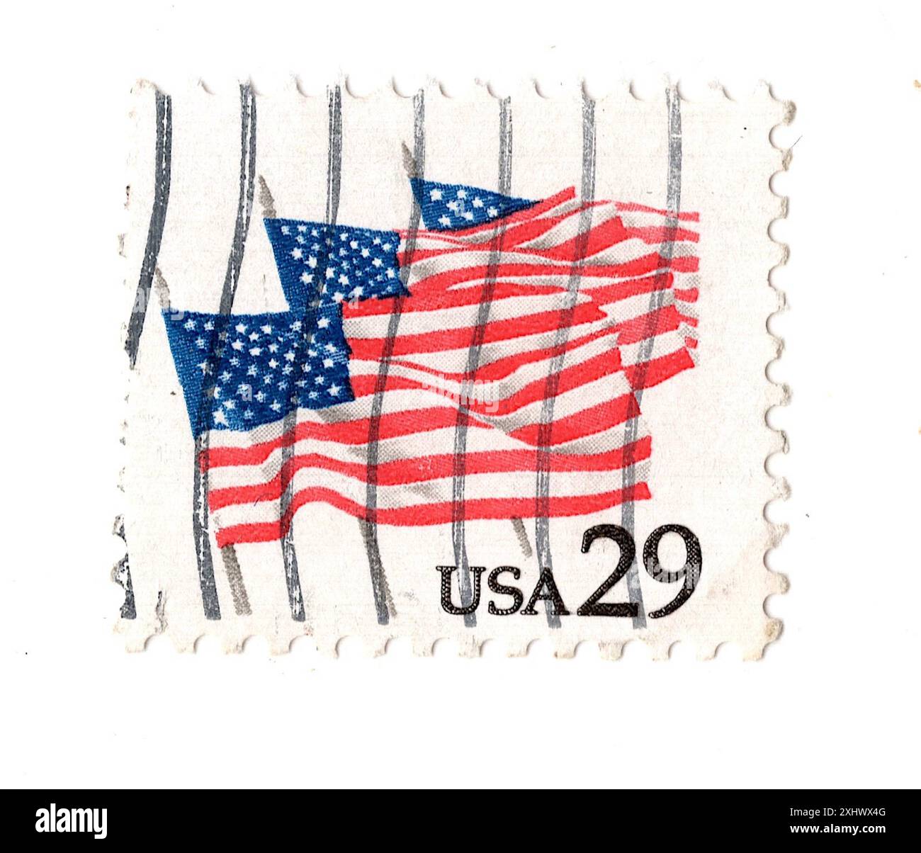 A vintage American flag postage stamp from the USA on a white ...