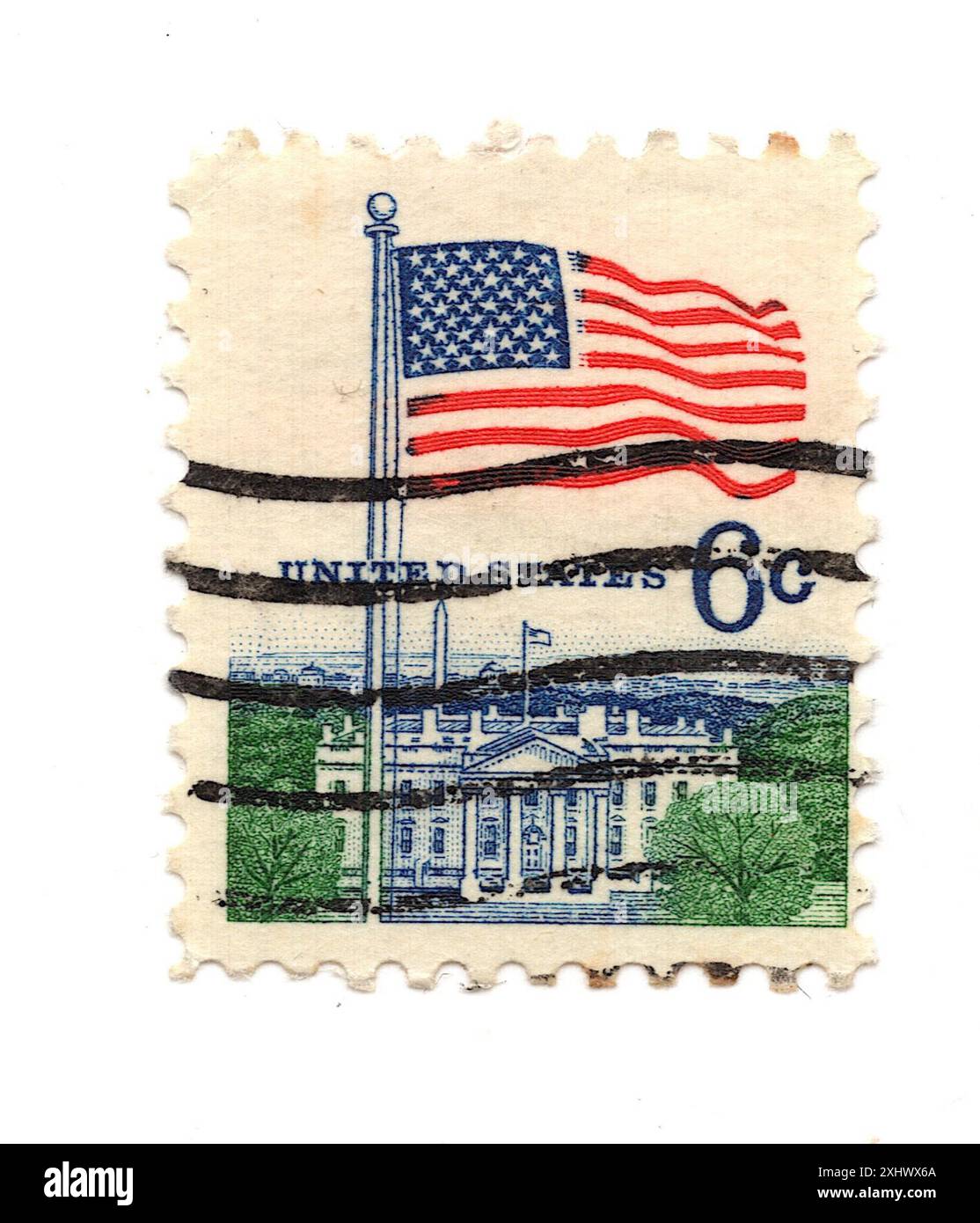 A vintage American flag postage stamp from the USA on a white ...