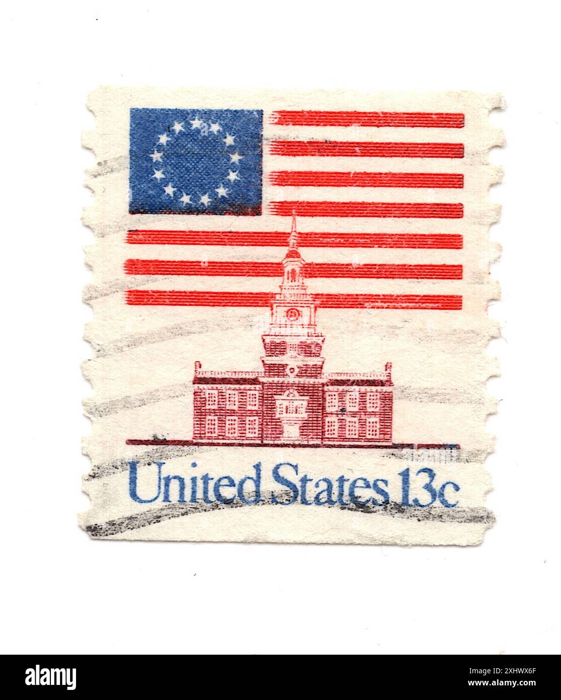 A vintage American flag postage stamp from the USA on a white ...