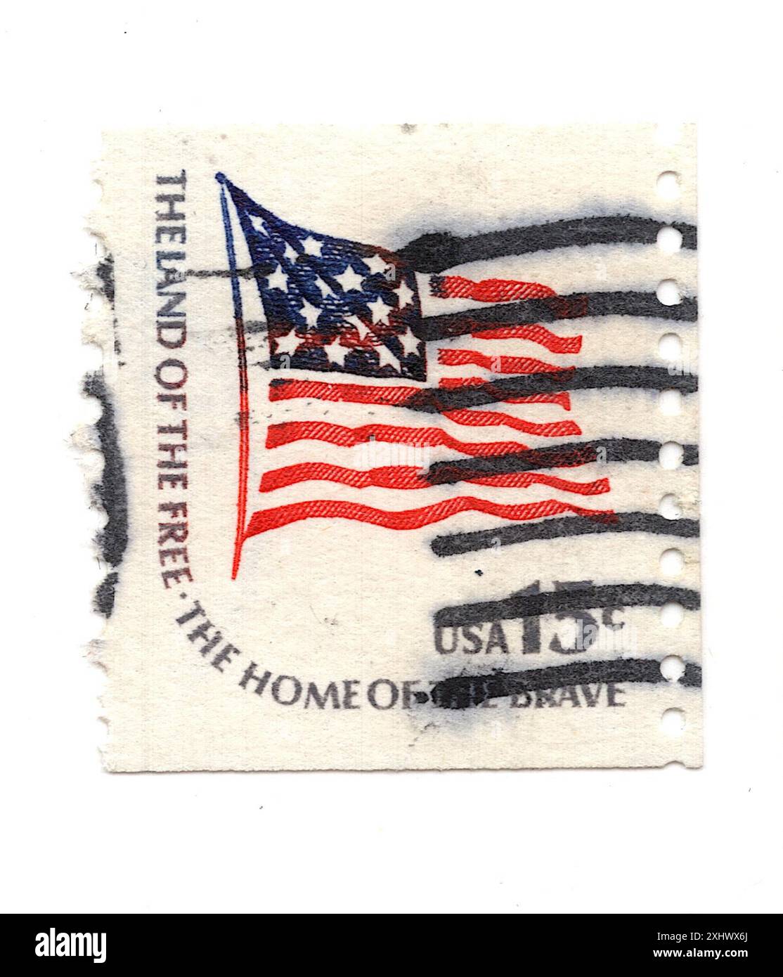 A vintage American flag postage stamp from the USA on a white ...