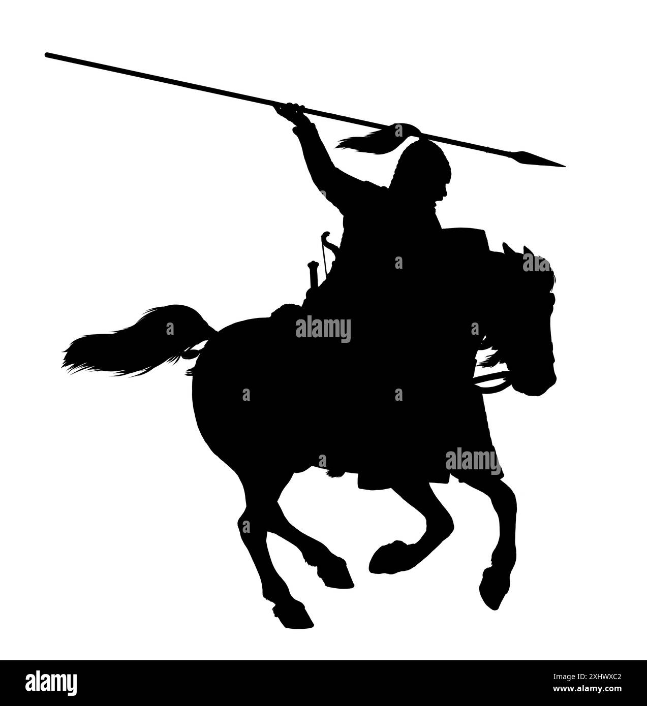 Black silhouette of mounted warrior on attack. Historical illustration ...