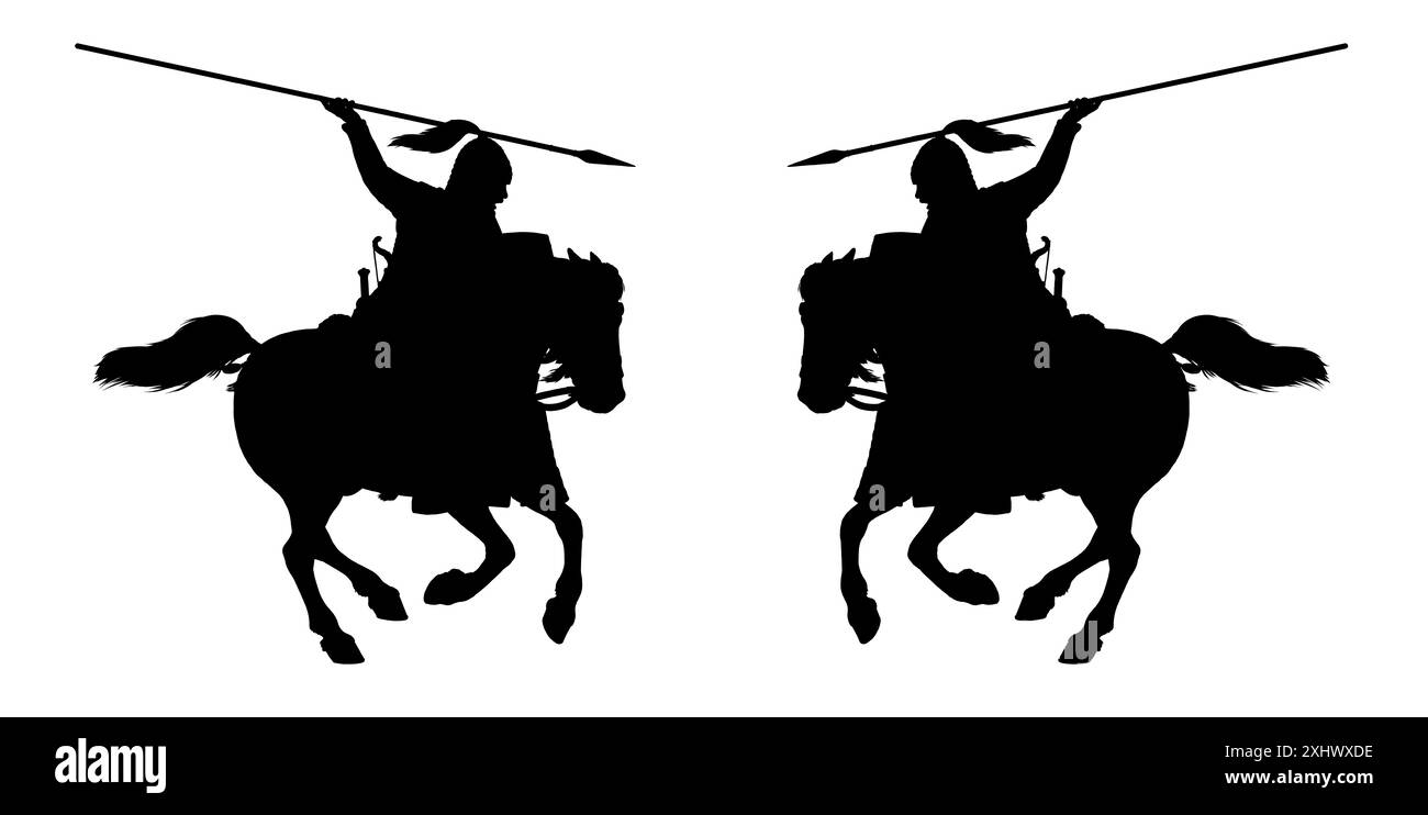 Black silhouette of mounted warrior on attack. Historical illustration ...