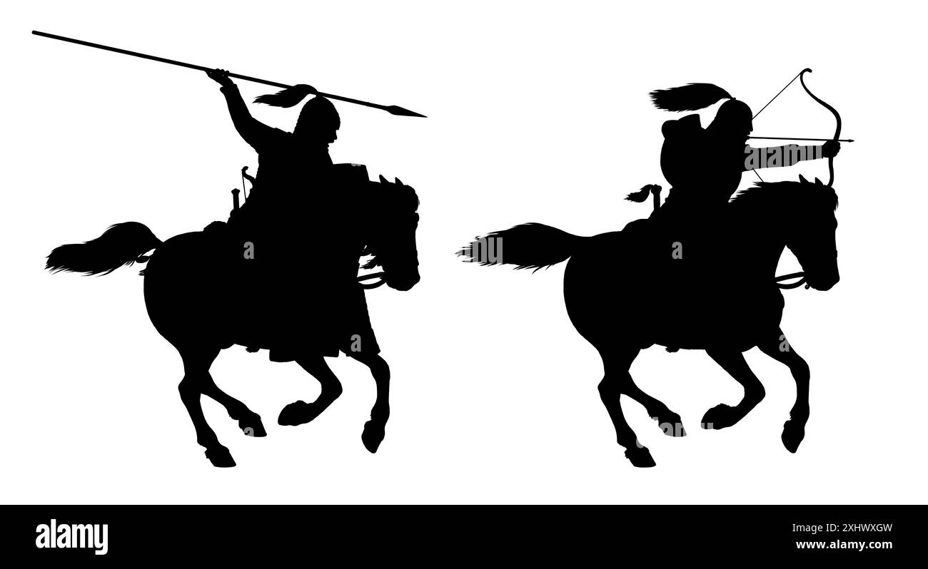 Black silhouette of scythian mounted spearman and archer on attack ...