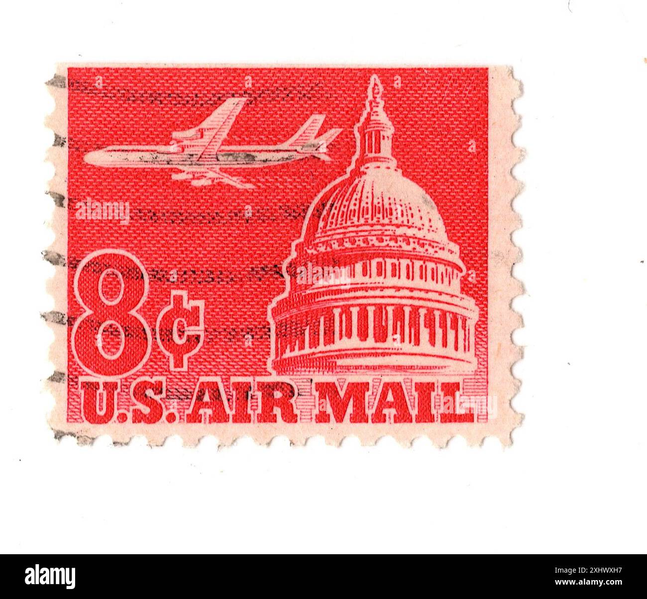 A vintage Air Mail postage stamp from the USA on a white background ...