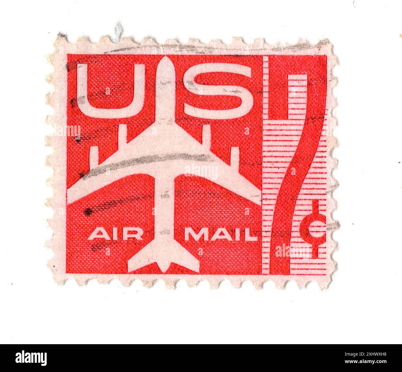 A vintage Air Mail postage stamp from the USA on a white background ...