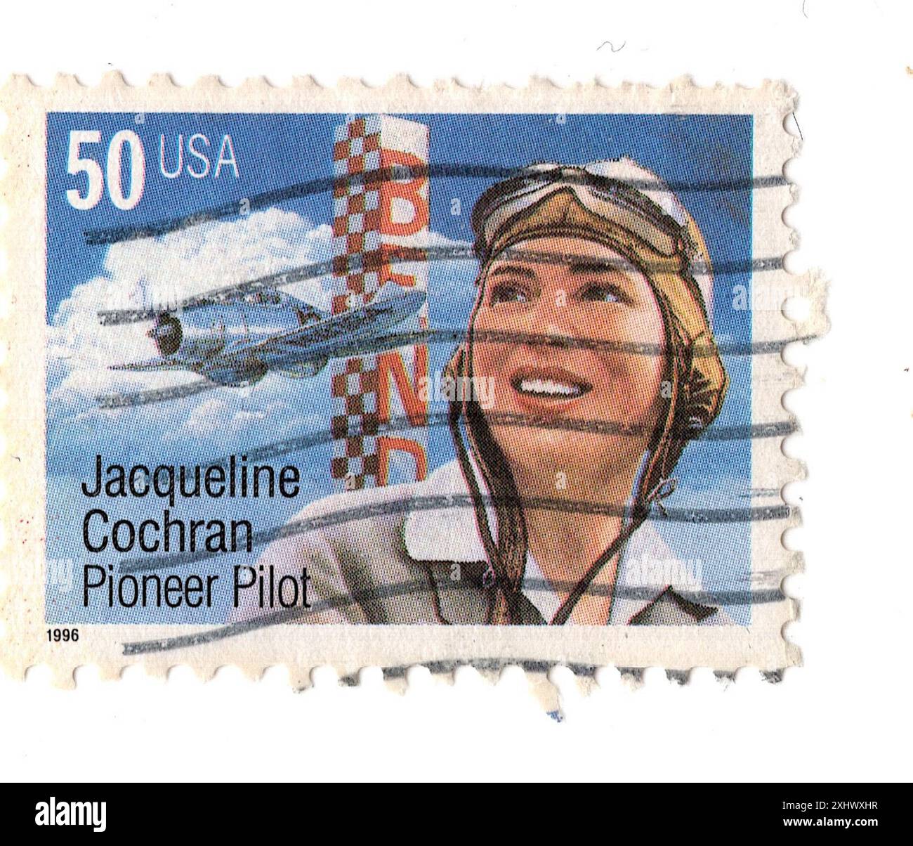 A vintage Air Mail postage stamp from the USA on a white background ...