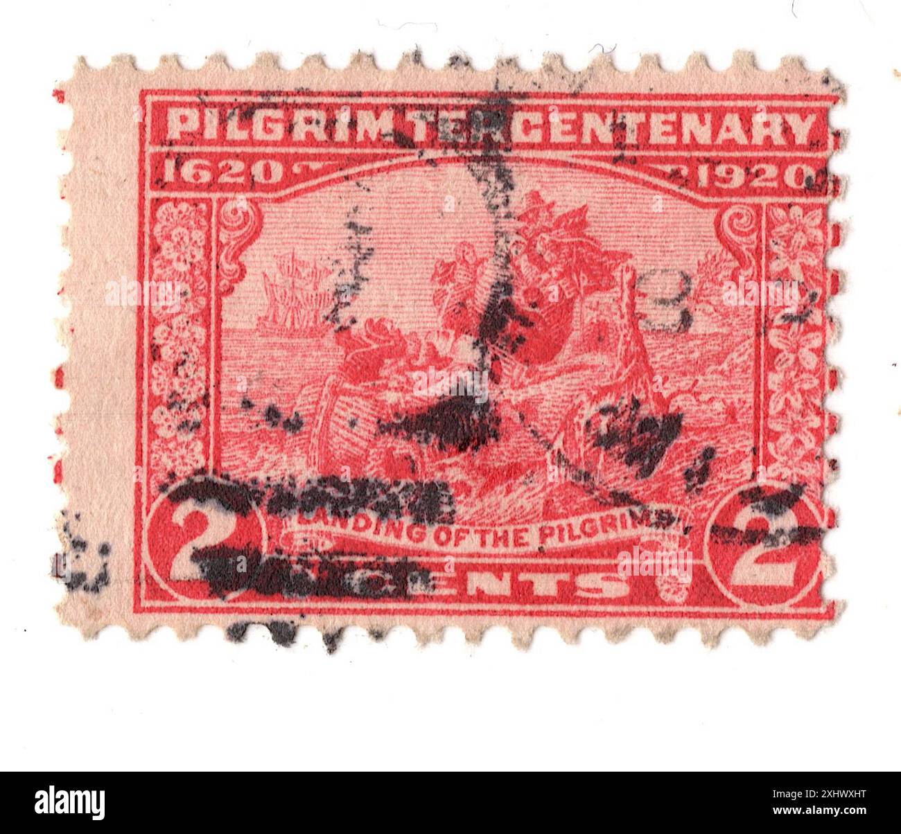 A vintage Pilgrims postage stamp from the USA on a white background ...