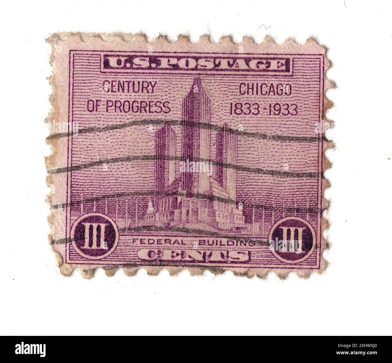A vintage Chicago postage stamp from the USA on a white background ...