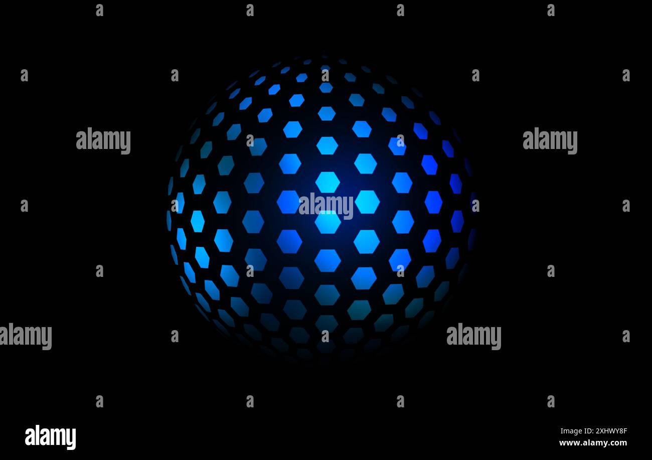 Blue neon hexagon pattern sphere. 3d halftone hemisphere concept. Glowing globe futuristic ...