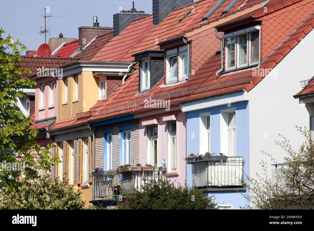 Colorful residential buildings in spring, terraced houses, apartment ...