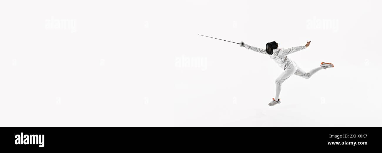 Banner. Fencer in white uniform lunges forward, holding rapier against ...