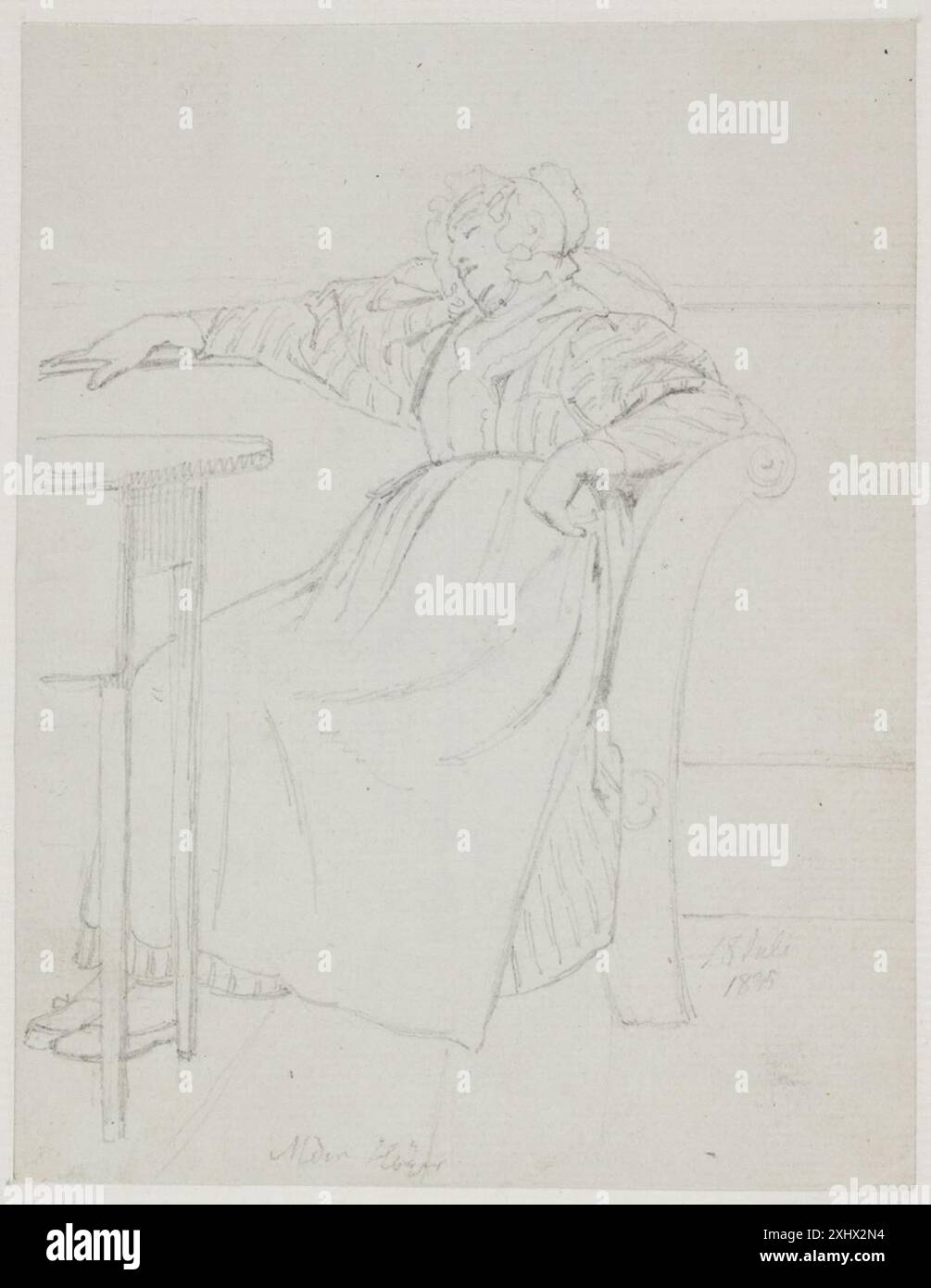 This drawing by Jørgen Roed depicts Madam Høyer sleeping in a couch ...