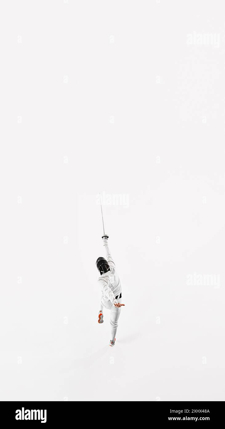 Poster. Fencer in uniform and mask in attacking position training his ...