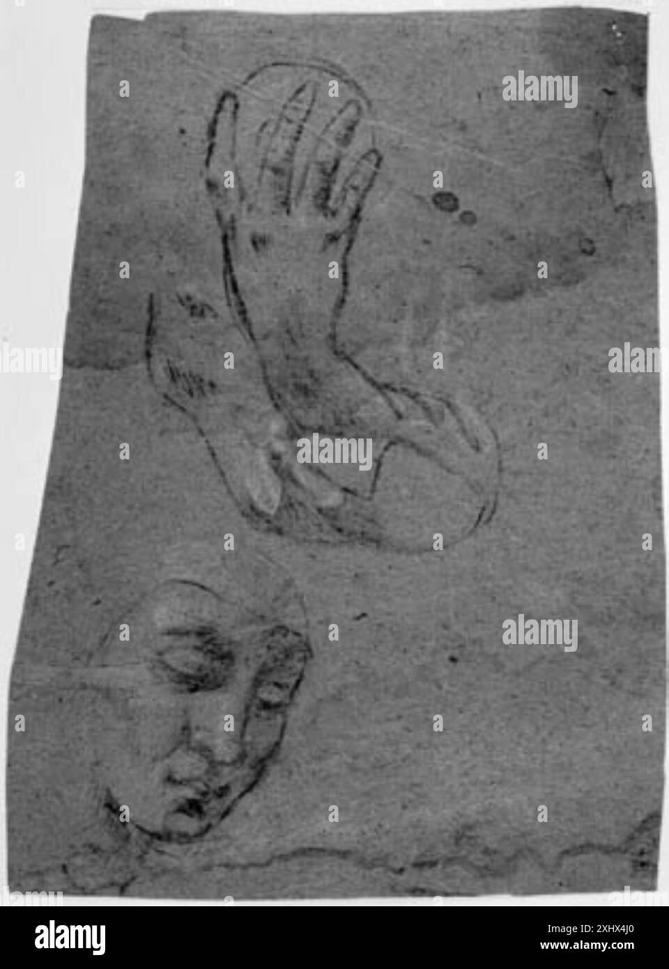 Drawing showing a man's head with a right arm holding a round object ...