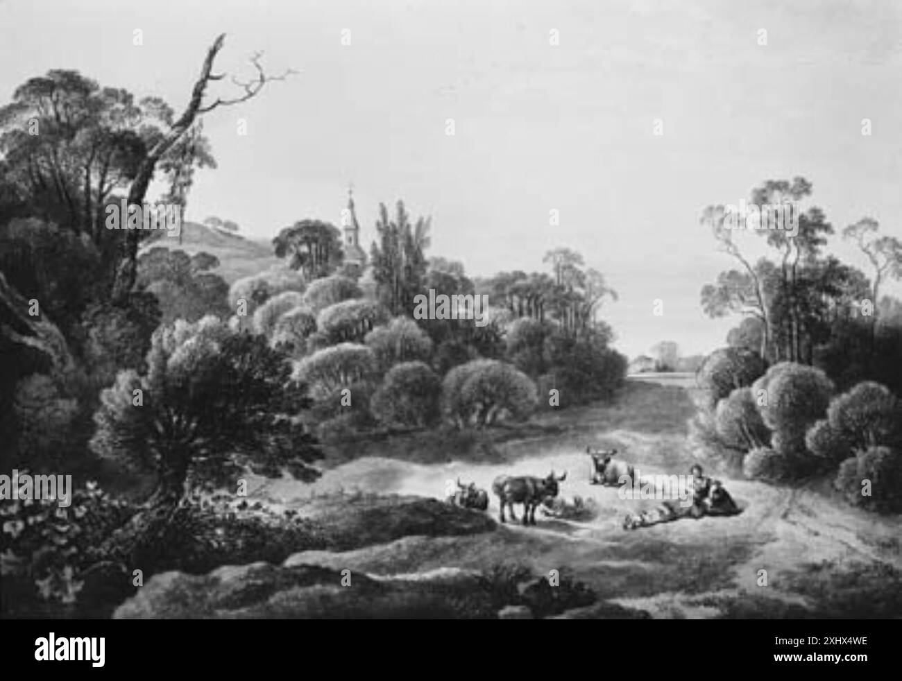 Drawing by Johann Christian Klengel depicts a landscape with cattle and ...