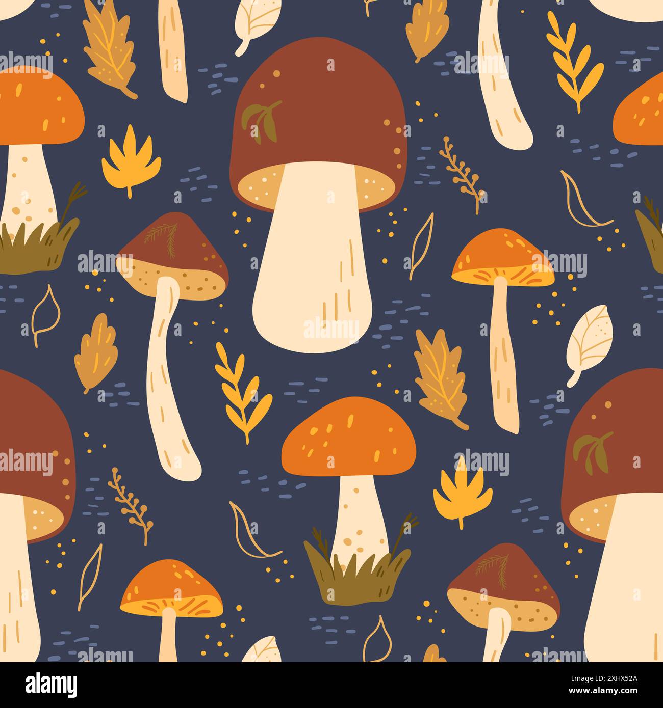 Night woodland forest mushrooms seamless pattern. Edible funguses repeat background. Vector hand ...