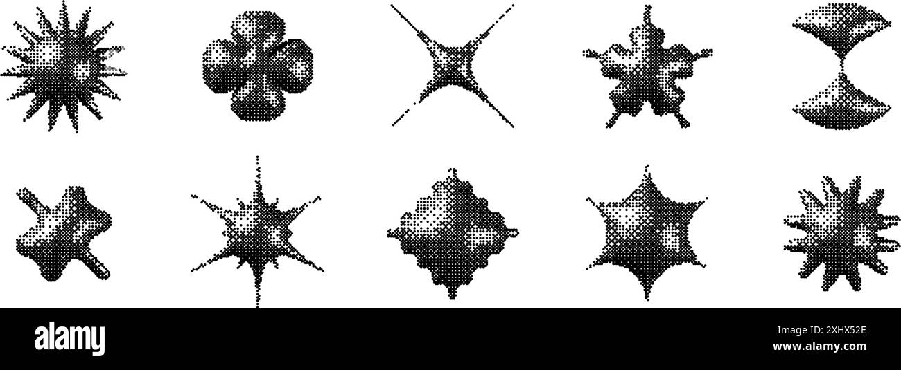 Black pixelated 3d Y2K shape set. Bitmap stars, flowers, sparkles ...