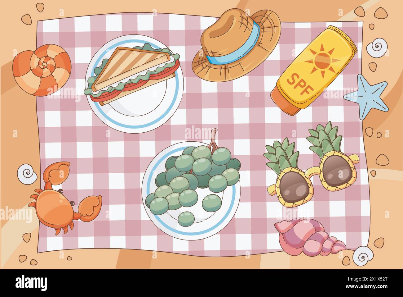 Summer picnic on sandy beach. Contemporary vector cartoon illustration ...