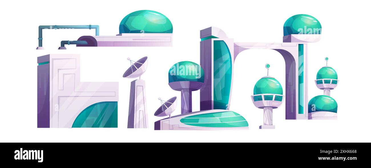 Outer space alien planet station or colony buildings. Cartoon vector illustration set of ...