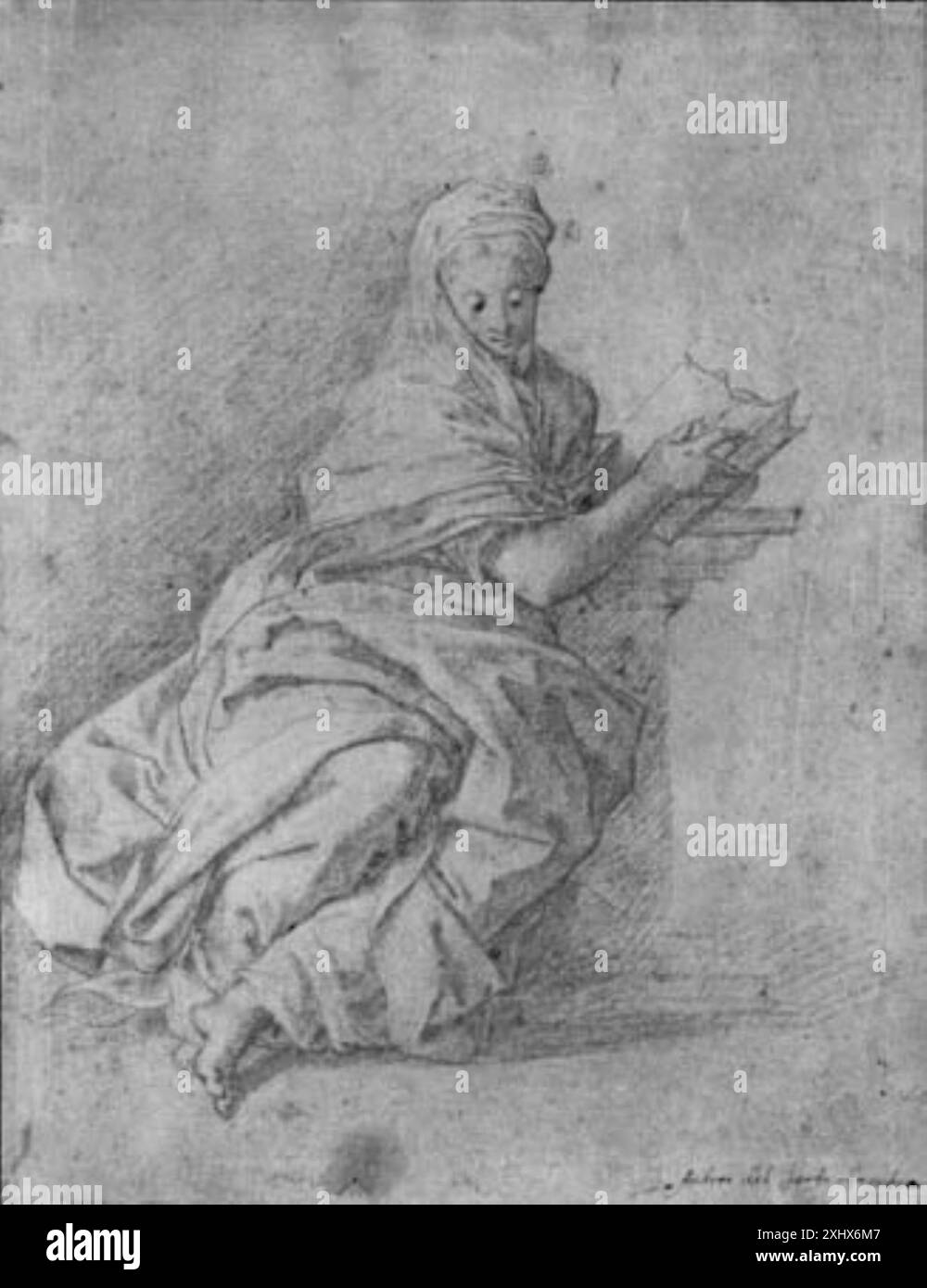Drawing of a woman sitting at a lectern reading a book, by an unknown ...