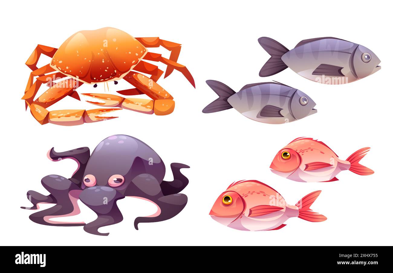 Ocean seafood and fish for restaurant illustration. Fresh crab and ...